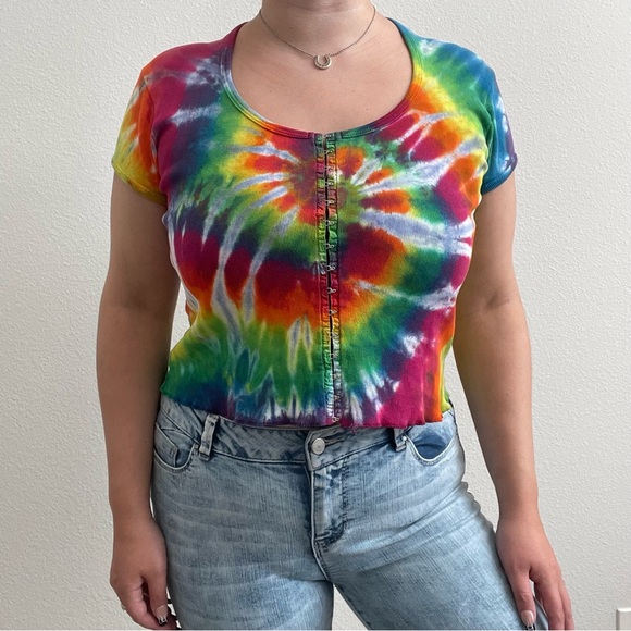 Vintage | Tops | Vintage Rainbow Multicolor Tie Dye Hook Eye Button Up ...